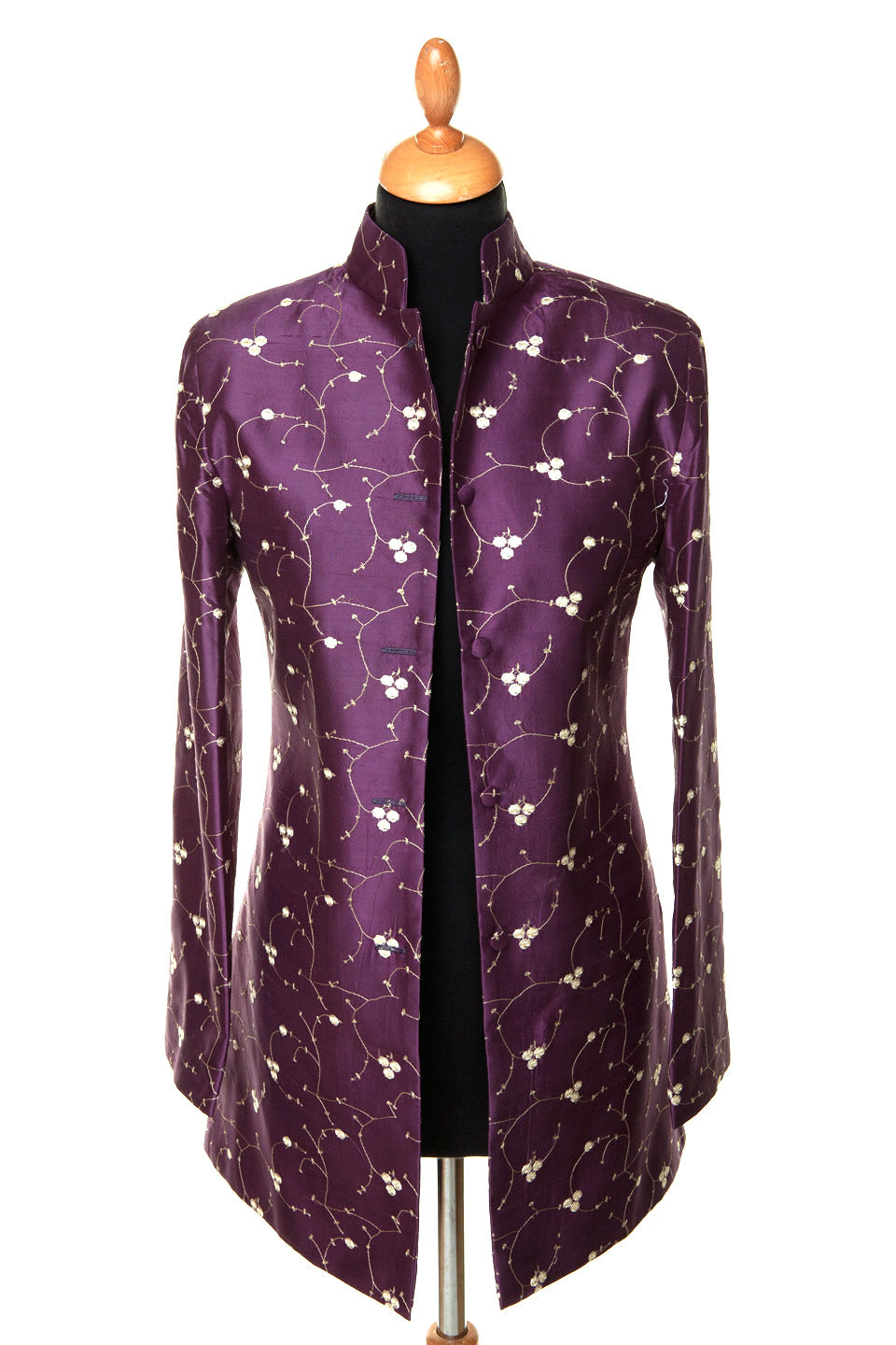 Long Nehru Jacket in Mulberry - Longline Mauve Silk Women's Jacket ...