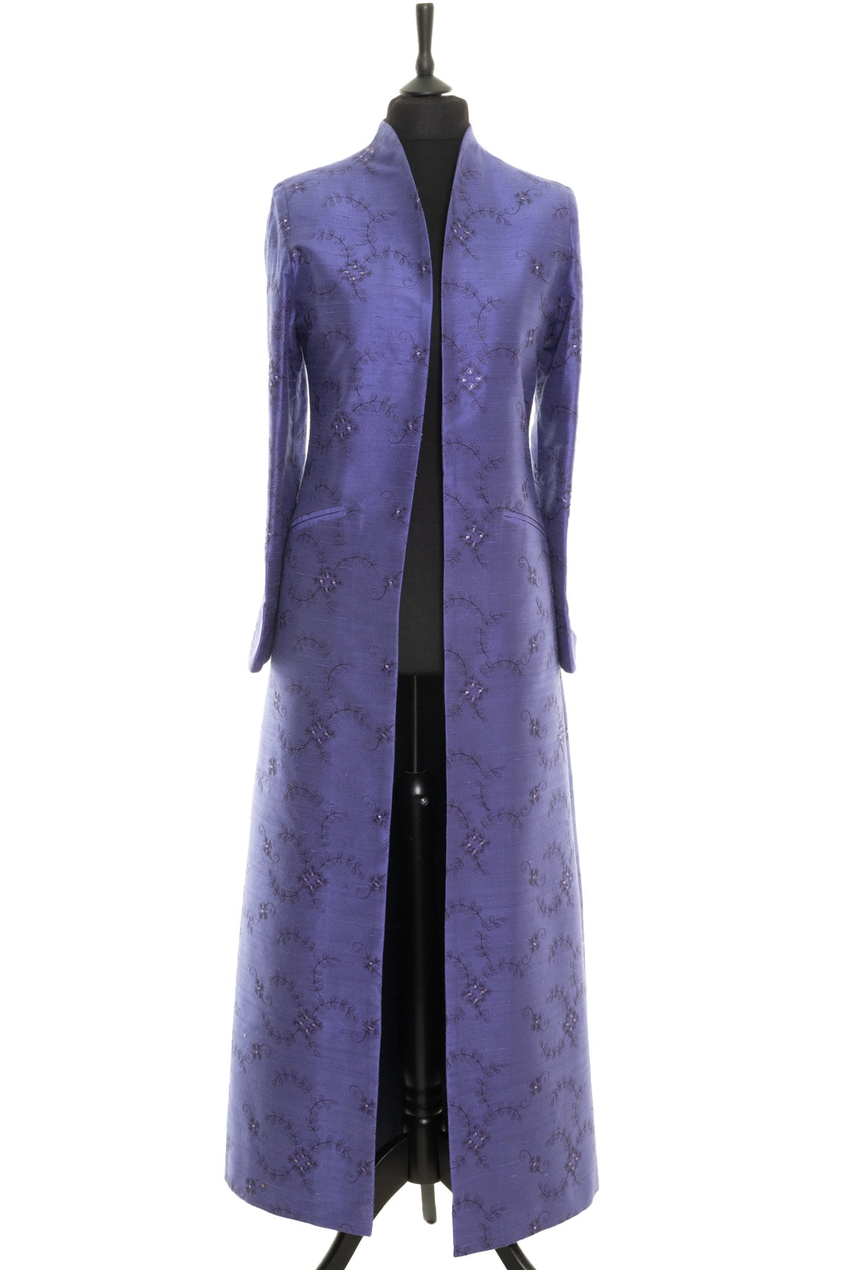 Shibumi Devi Coat in Persian Periwinkle - Full length blue embroidered ...