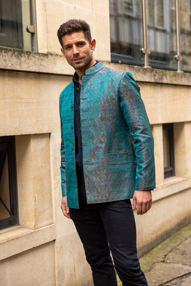 Mens Nehru Jacket in Royal Jacquard - Shibumi Mens Silk Occasional Wear